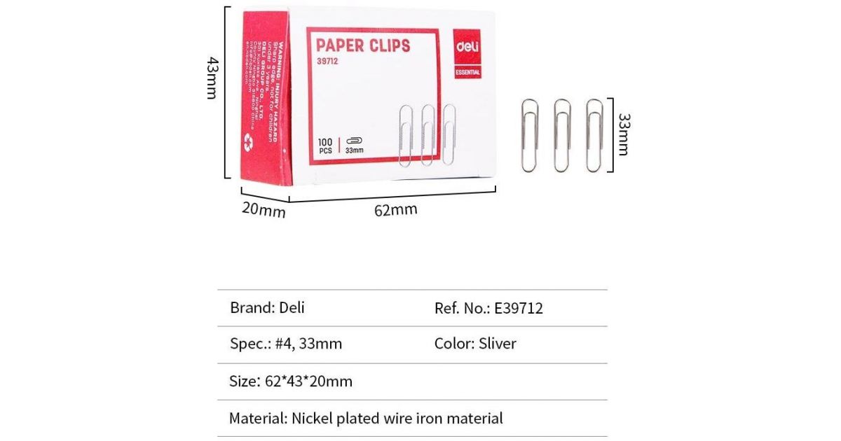 Nickel Plated Paper Clip 33mm Deli 100 Pieces · Stationery